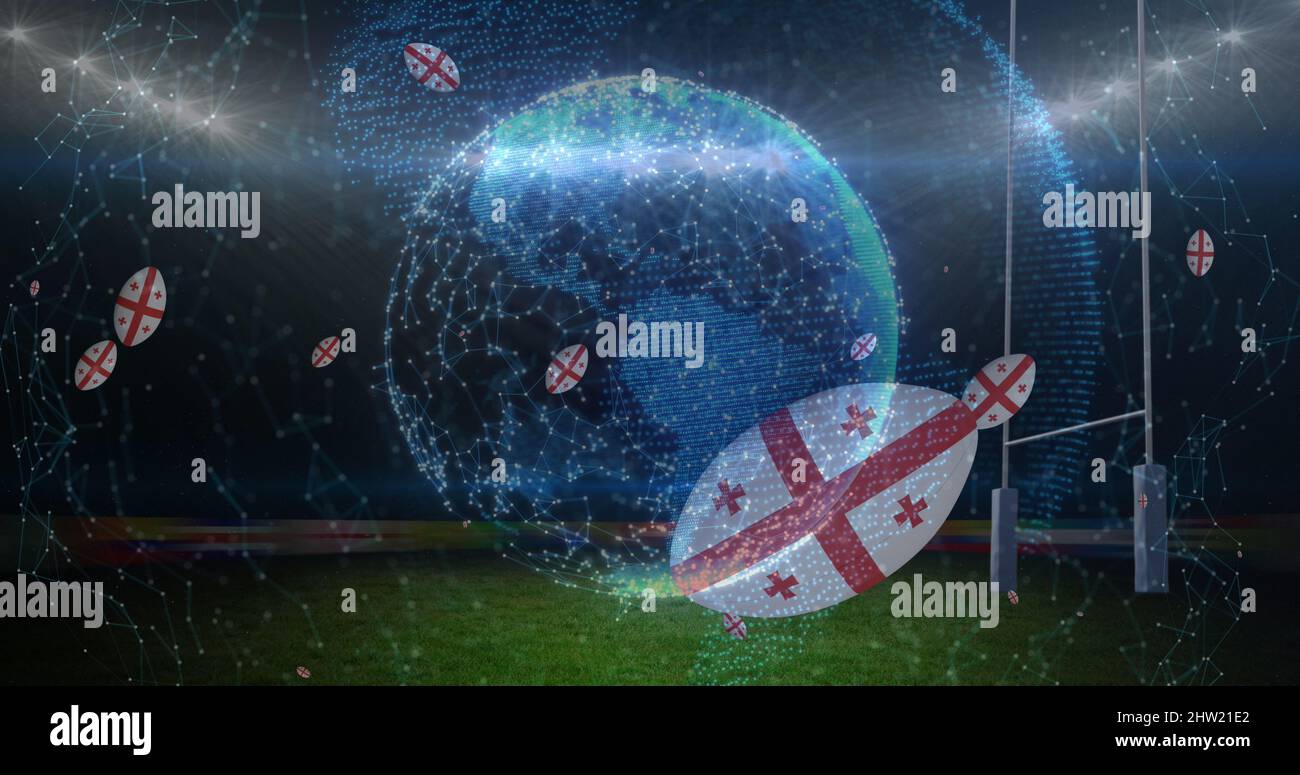 Image of globe over rugby balls coloured with georgia flag at stadium ...