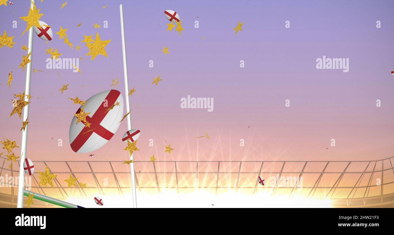 Image of stars over rugby balls coloured with england flag falling at ...