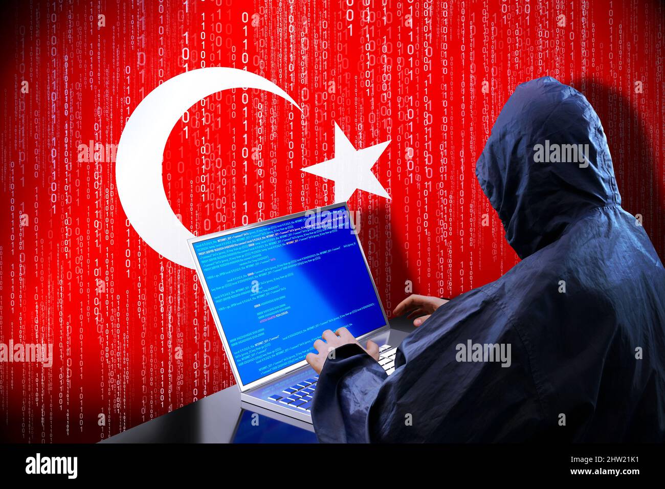 Anonymous hooded hacker, flag of Turkey, binary code - cyber attack concept Stock Photo - Alamy