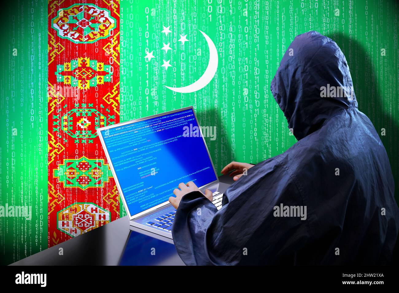 Anonymous hooded hacker, flag of Turkmenistan, binary code - cyber attack concept Stock Photo ...