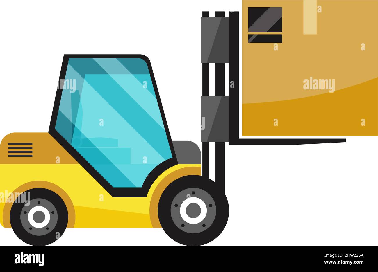 Yellow forklift lifting cardboard box. Storage truck Stock Vector Image ...
