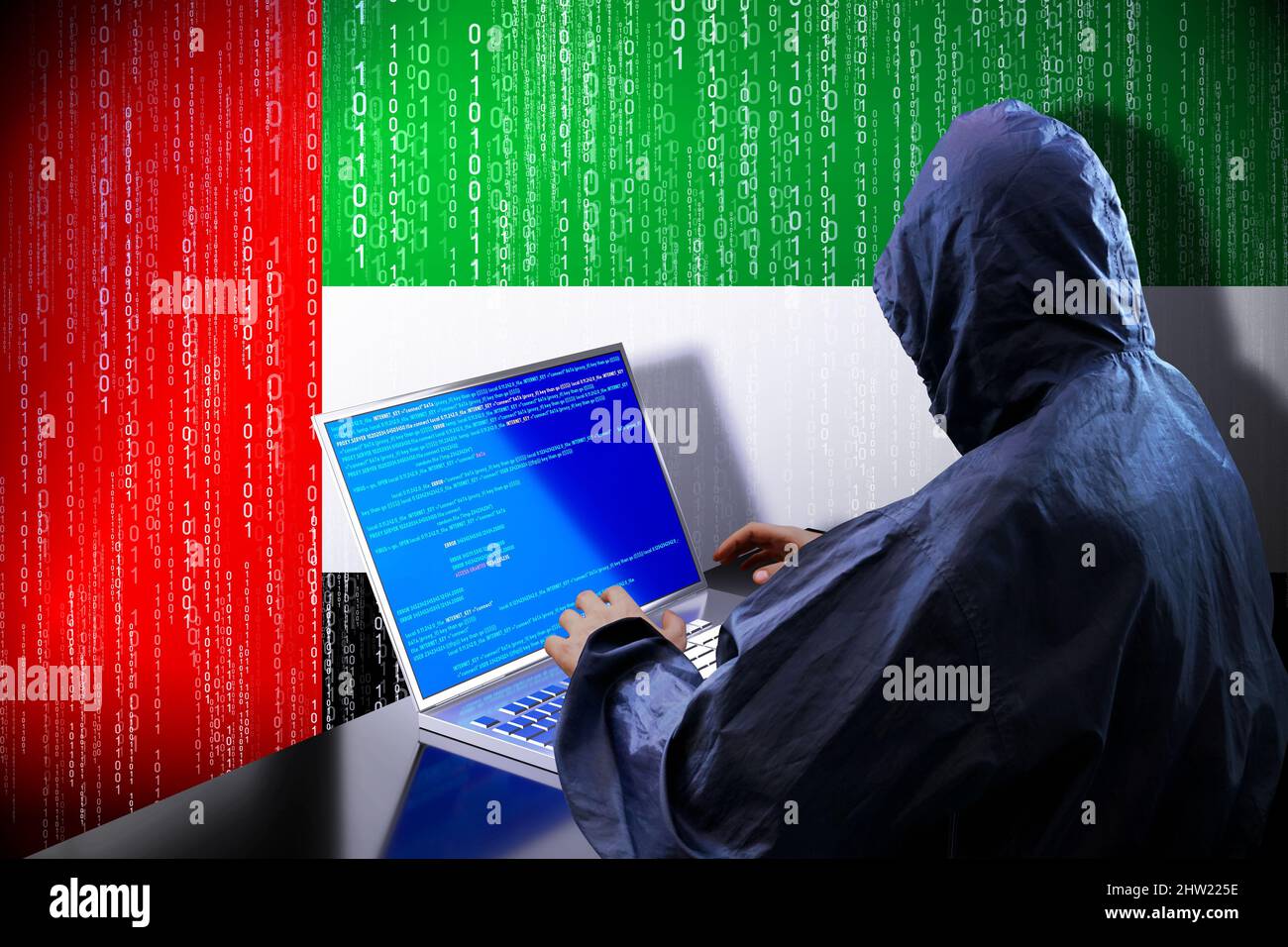 Anonymous hooded hacker, flag of United Arab Emirates, binary code ...