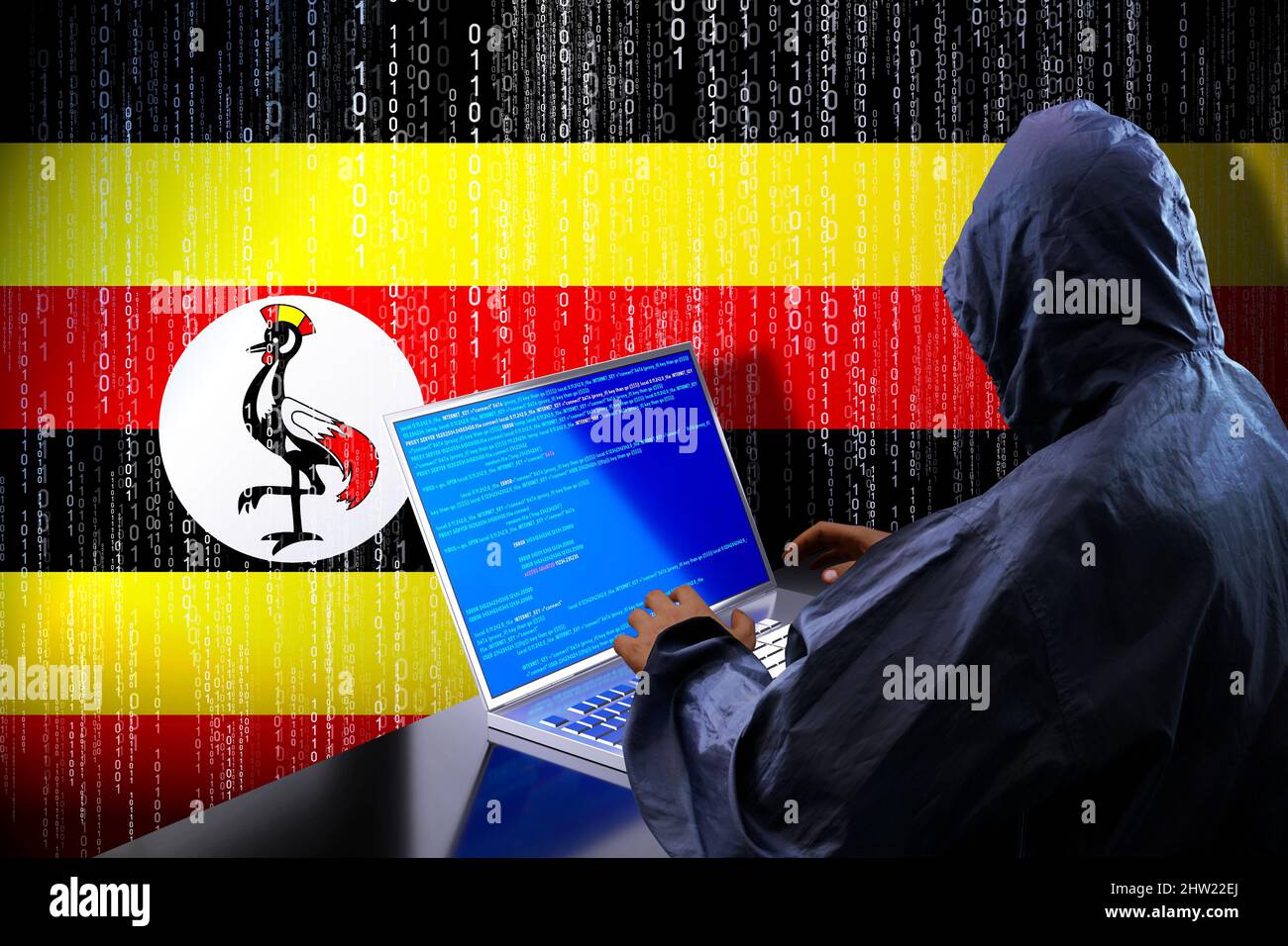 Anonymous Hooded Hacker Flag Of Uganda Binary Code Cyber Attack