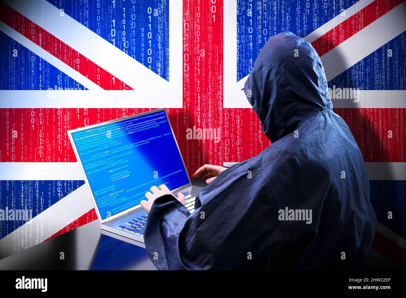 Anonymous hooded hacker, flag of United Kingdom, binary code - cyber attack concept Stock Photo ...