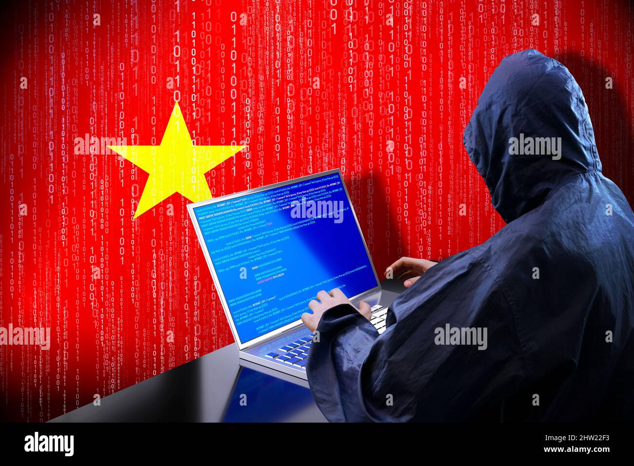 Anonymous hooded hacker, flag of Vietnam, binary code - cyber attack concept Stock Photo - Alamy