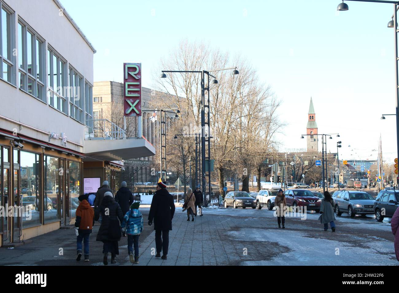 Entrance to Bio rex and Amos rex. In backgroud is the Parliament House ...
