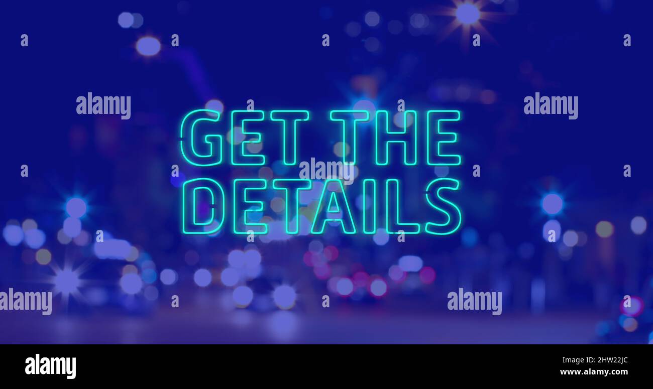Image of get the details text over cityscape at night on blue ...