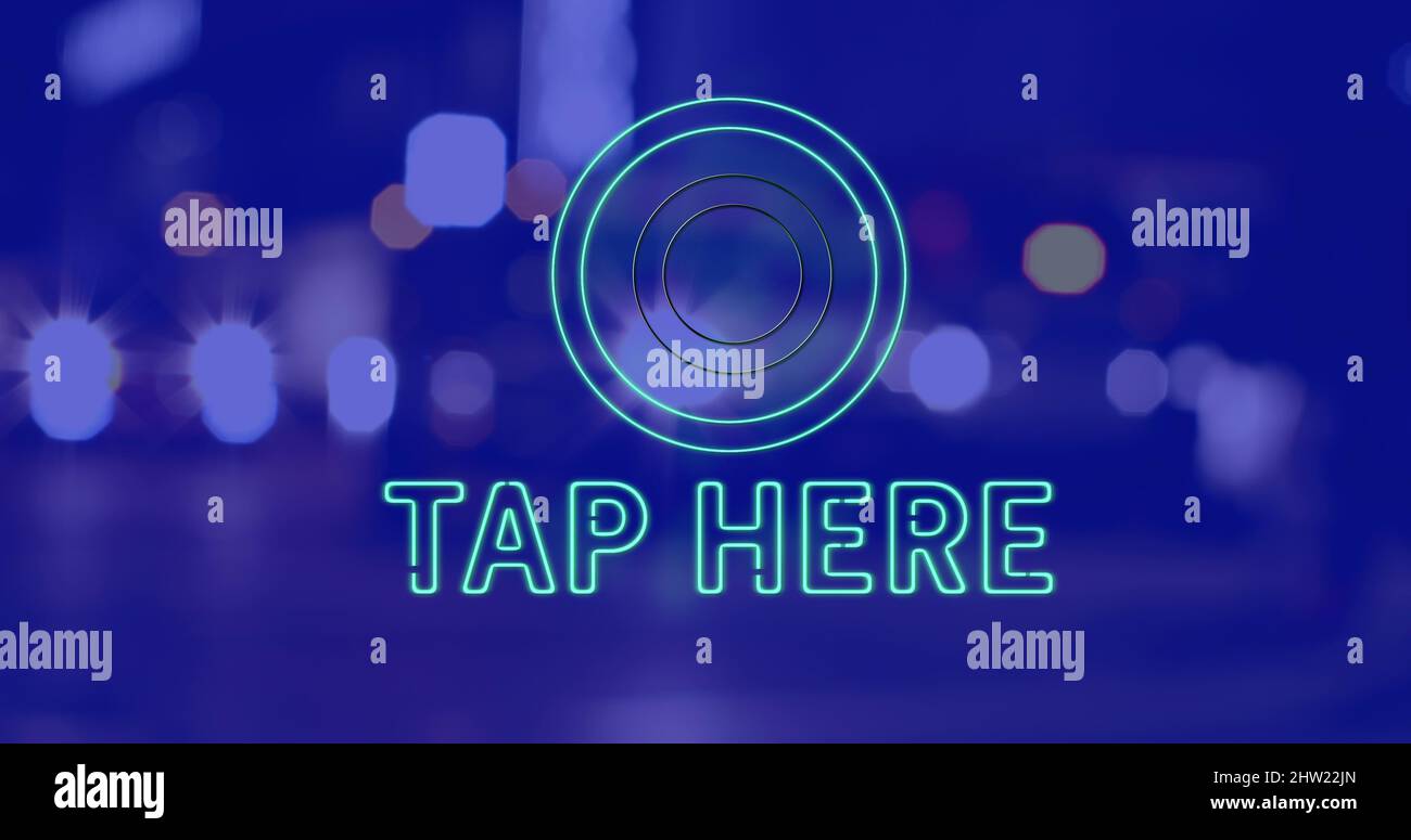Image of tap here text over cityscape at night on blue background Stock ...