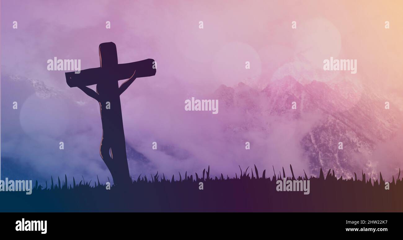 Image of lights over black crucifix shape on mountains Stock Photo - Alamy