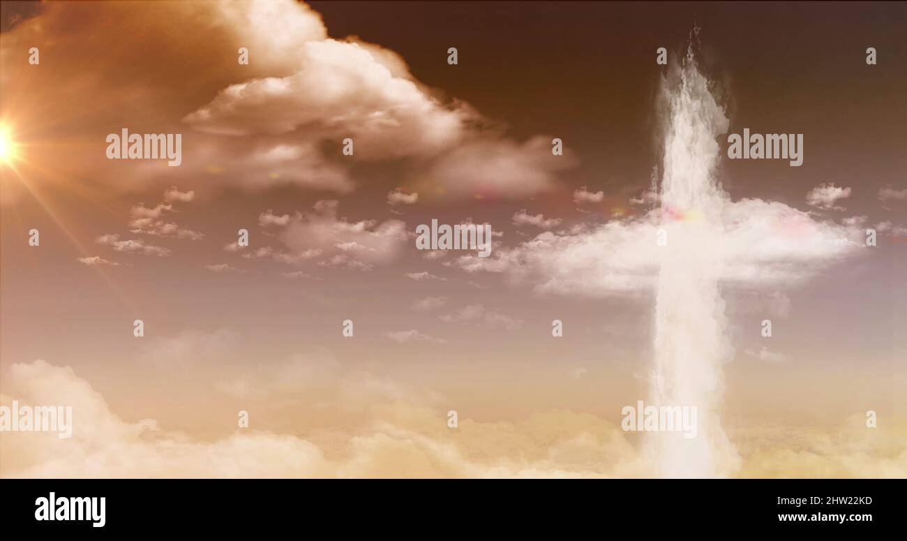 Image of lights over white crucifix shape on clouds Stock Photo - Alamy