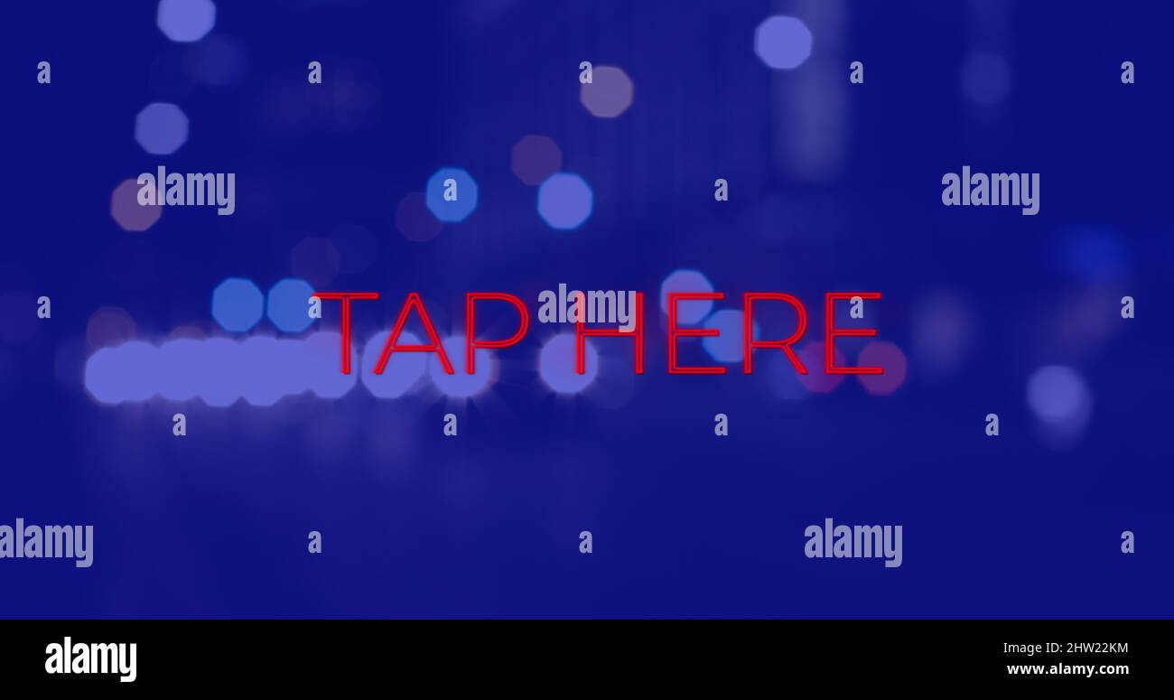 Image of tap here text over cityscape at night on blue background Stock ...