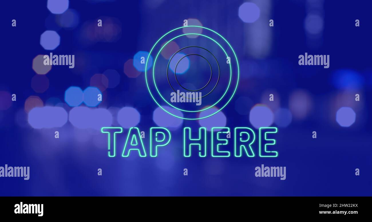 Image of tap here text over cityscape at night on blue background Stock ...