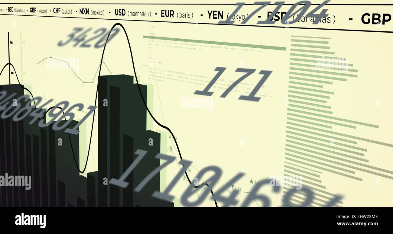 Multiple changing numbers and statistical data processing and graphs against yellow background ...