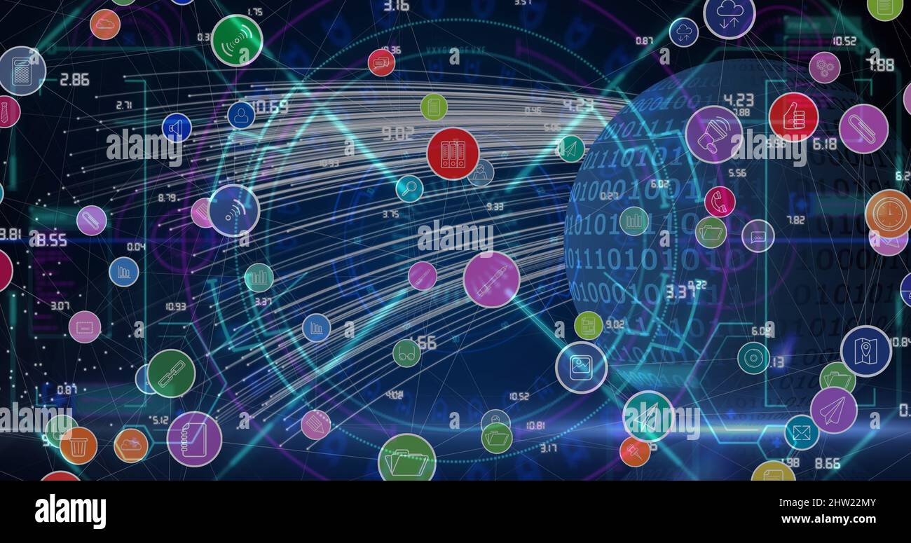 Image of network of connections, icons and data processing over globe ...