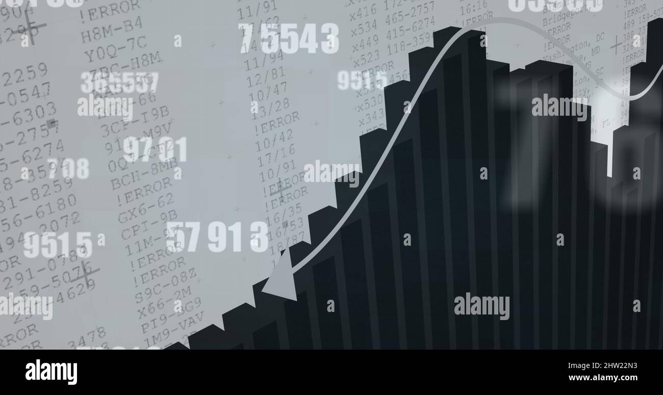 Multiple changing numbers and statistical data processing and graphs against white background ...