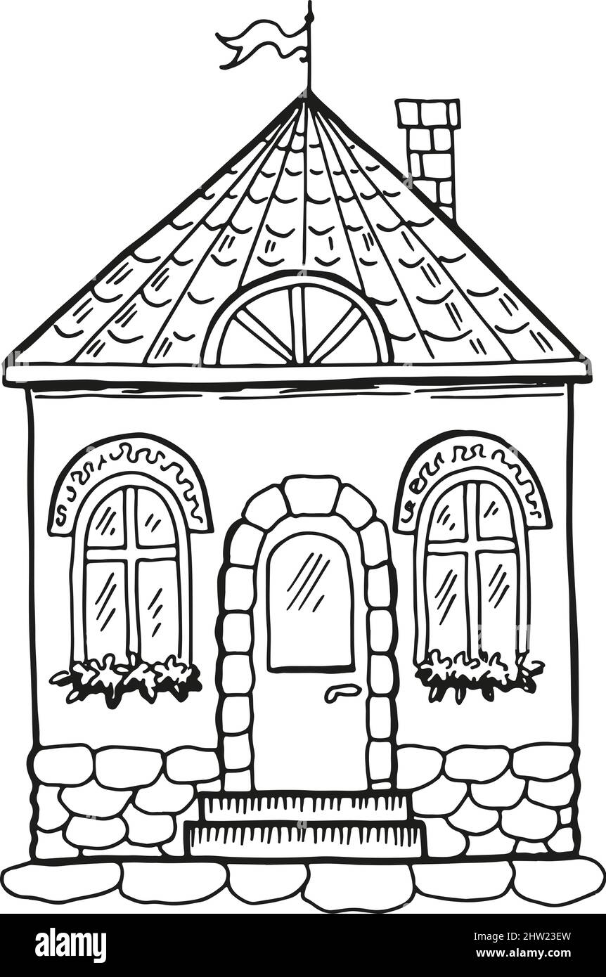 Cute house front. Doodle building with tiled roof Stock Vector Image ...