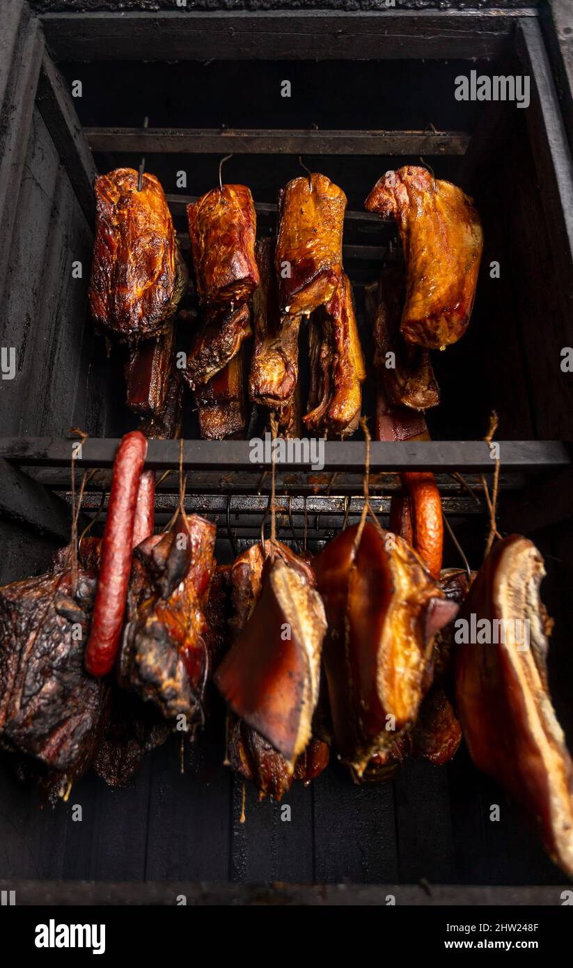 Fresh, smoked pork belly meat in the smoker, food concept Stock Photo ...