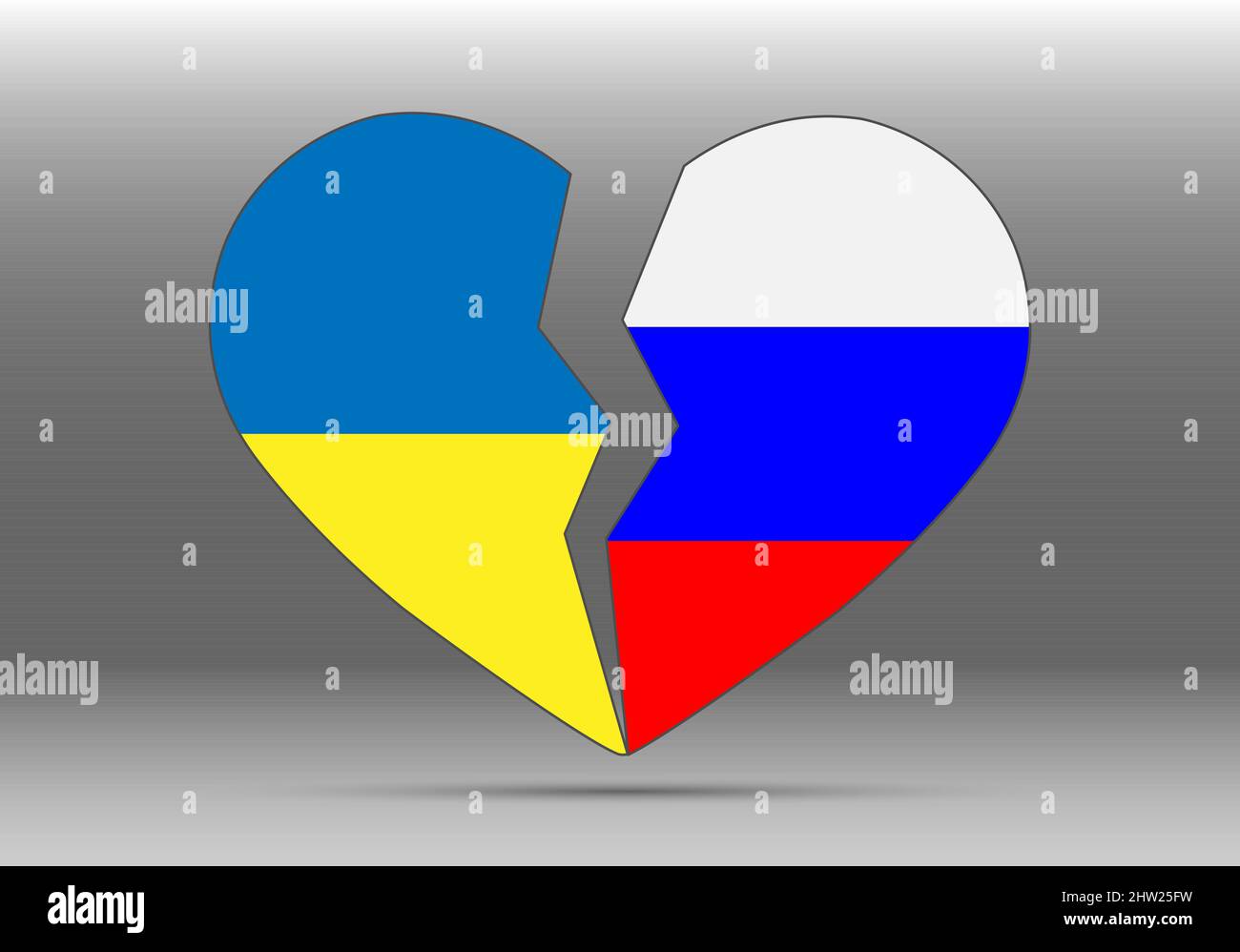 A broken heart with halves in the colors of the Ukrainian and Russian ...
