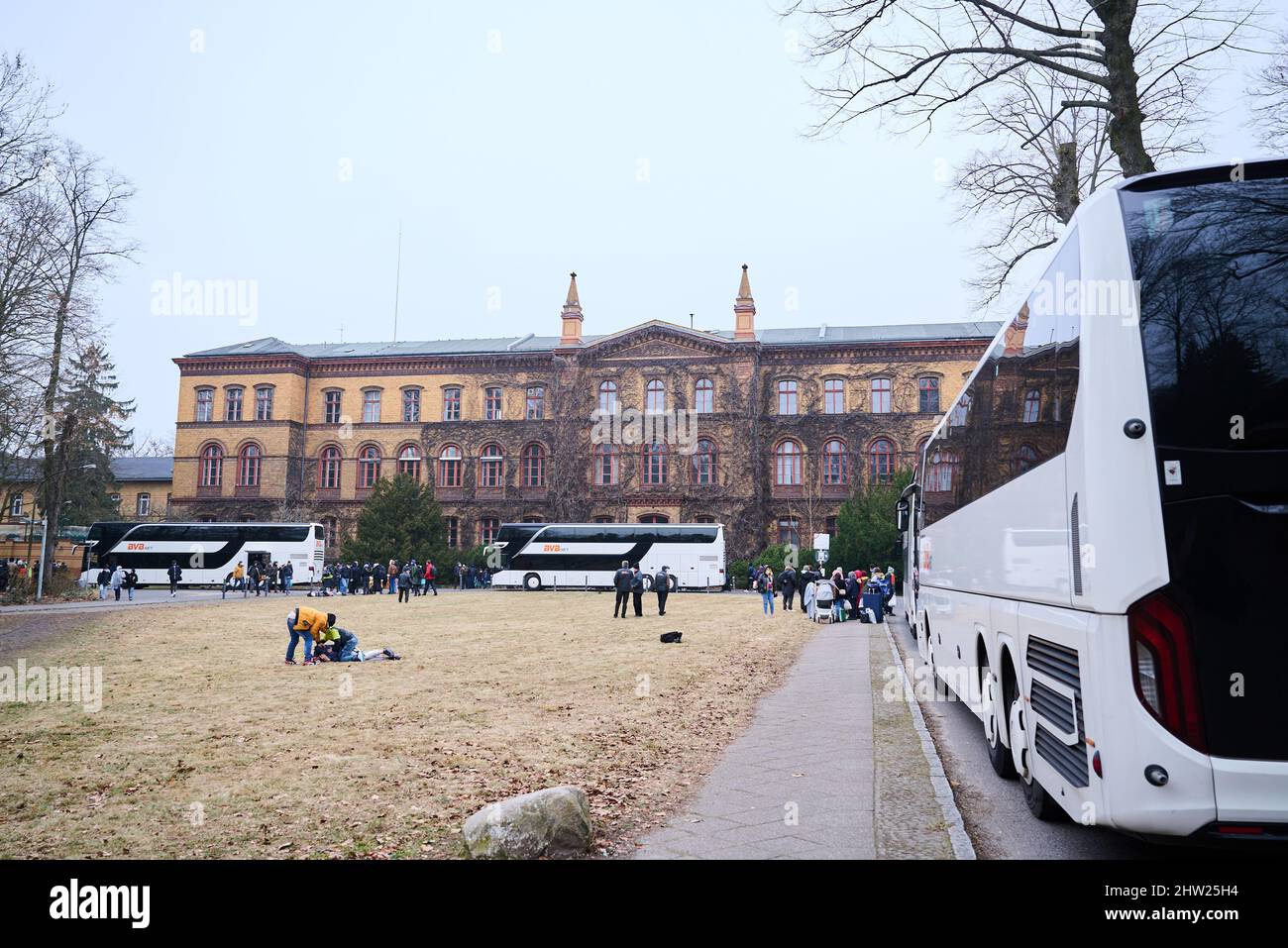 Berlin, Germany. 03rd Mar, 2022. Buses are parked at the arrival center ...