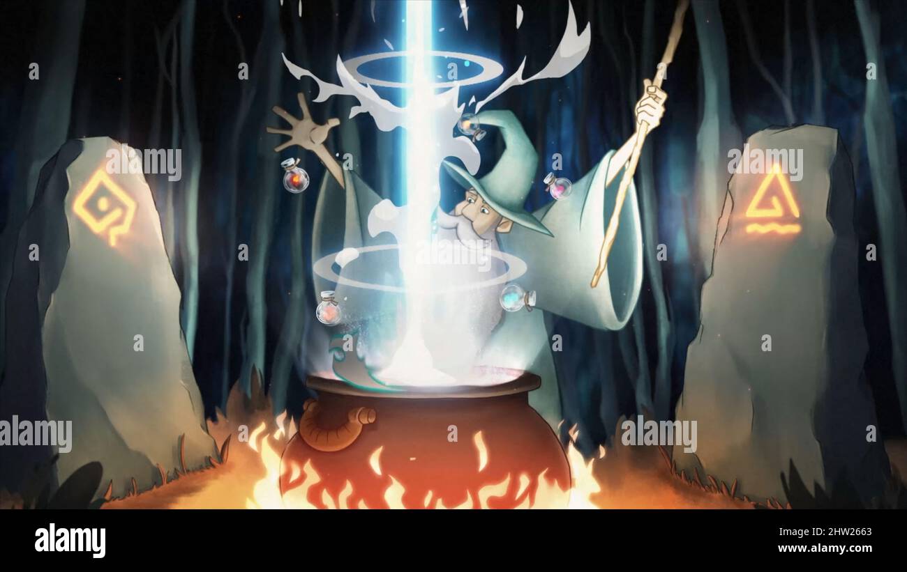 Beautiful animation of cartoon wizard preparing a potion in a cauldron ...