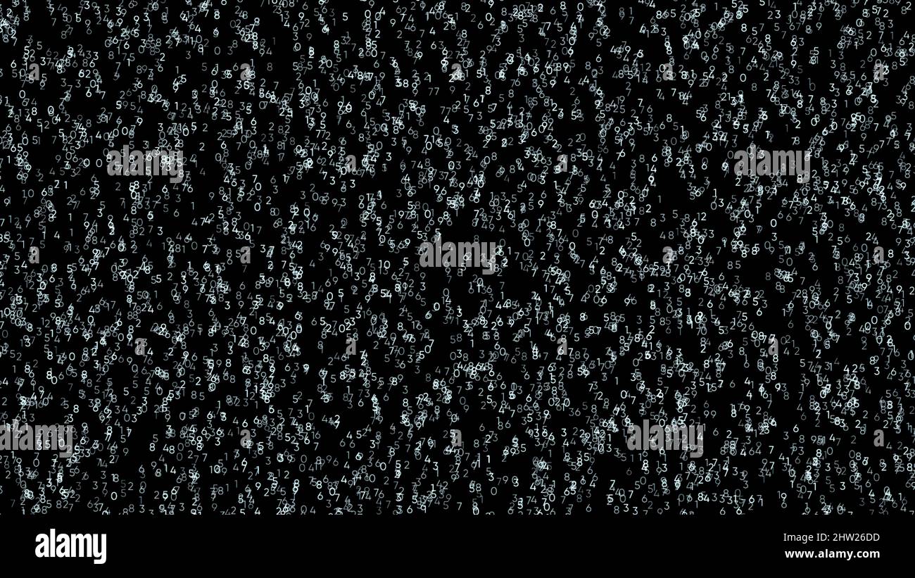 Black abstract background with flying small numbers changing their ...