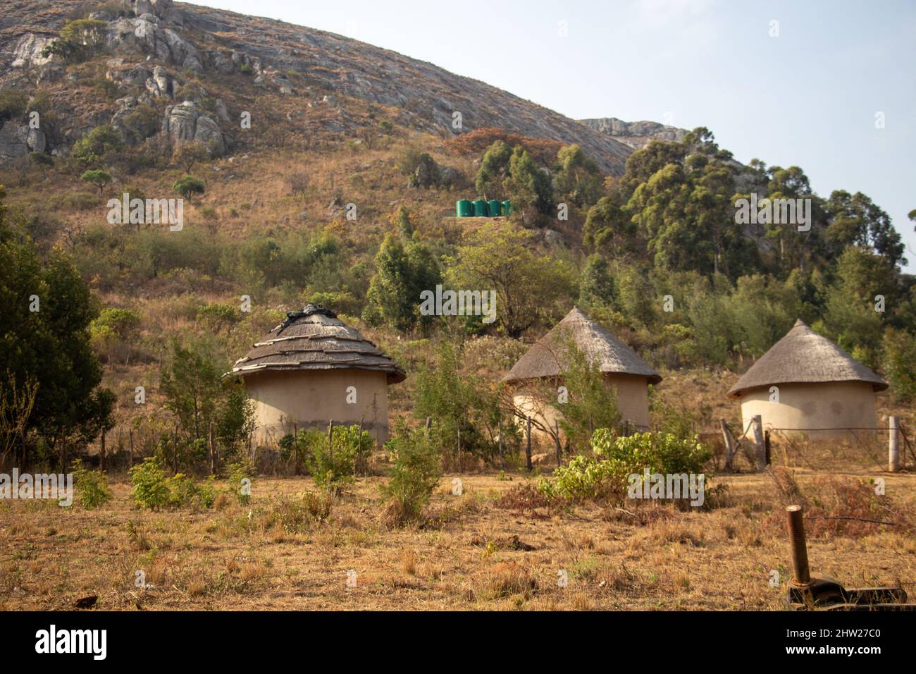 Rural area with three barns in Zimbabwe, Africa in autumn at daytime ...