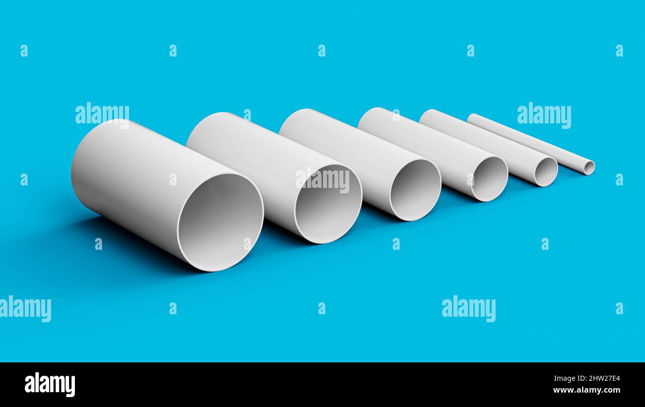 3D render of white PVC pipe fittings joints in various sizes isolated ...