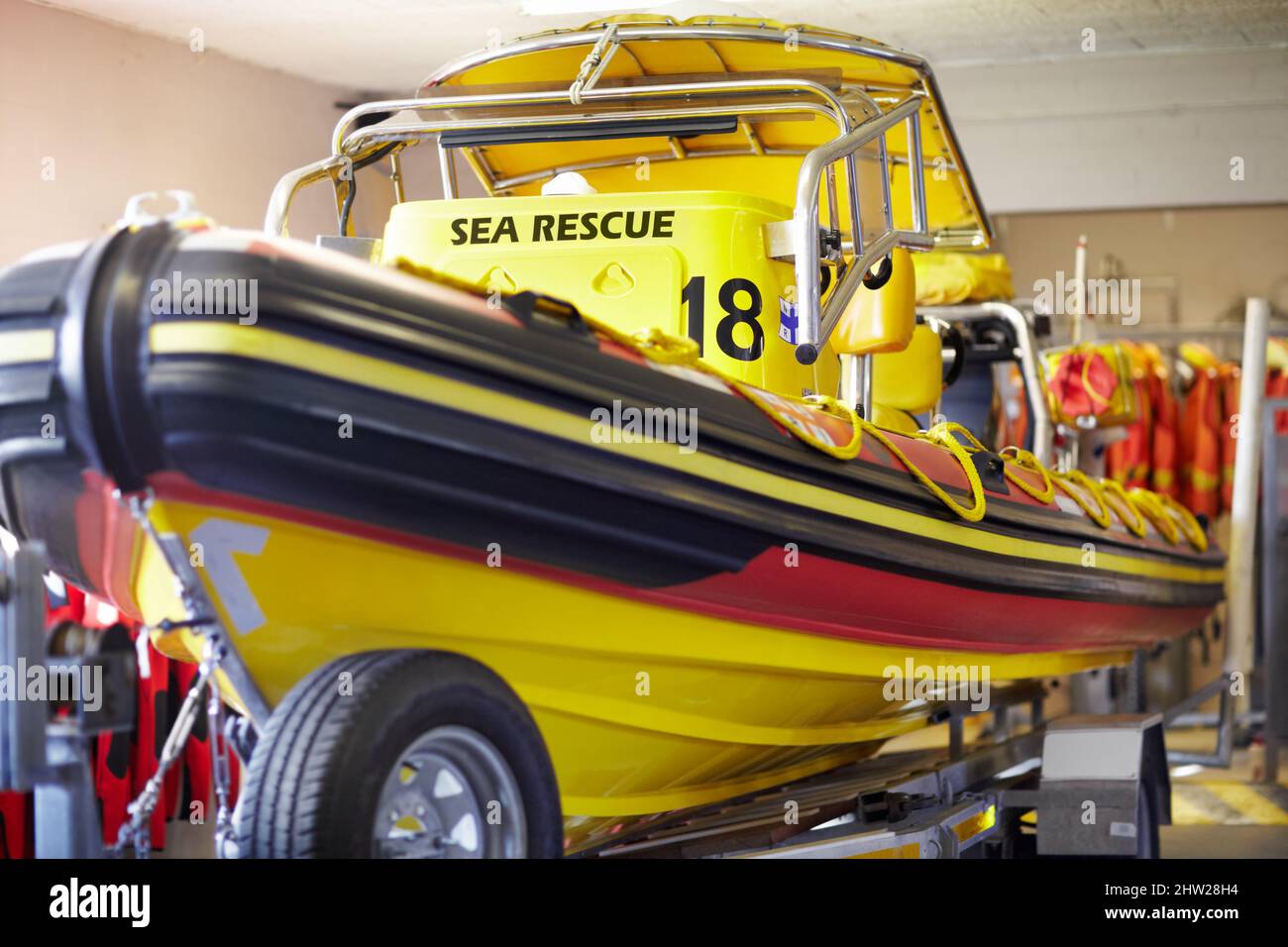 The life guards trusty vessel. Cropped shot of a sea rescue boat inside ...