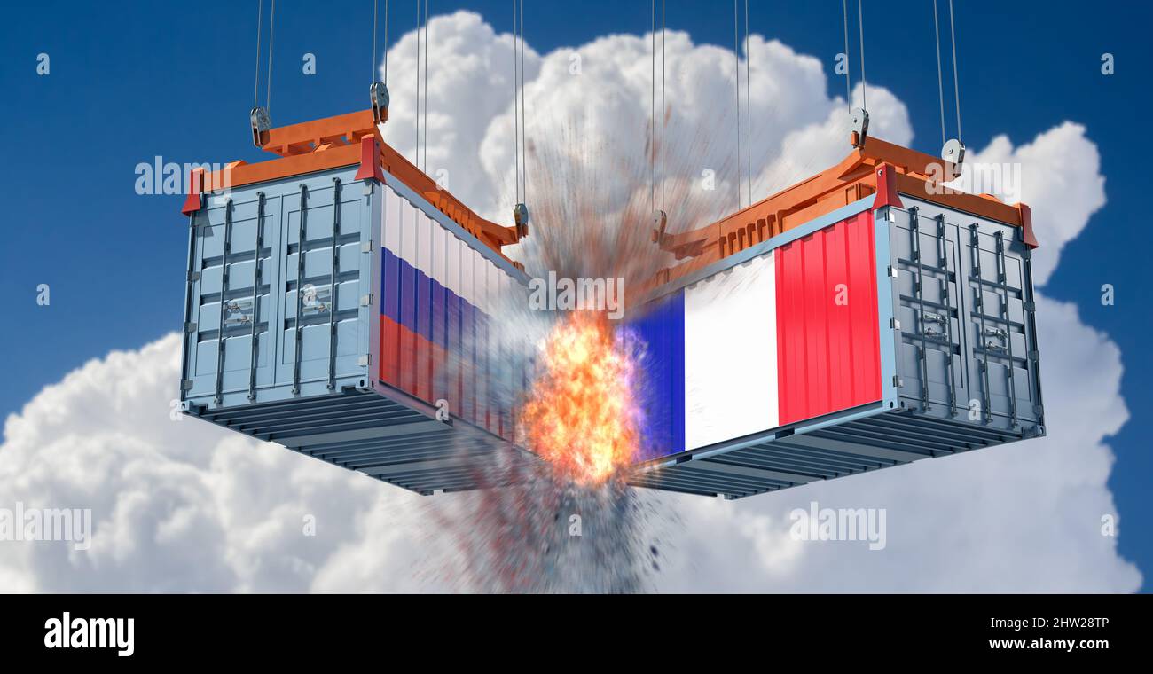 Trade war. Cargo containers with Russia and France national flags colliding. 3D Rendering Stock ...