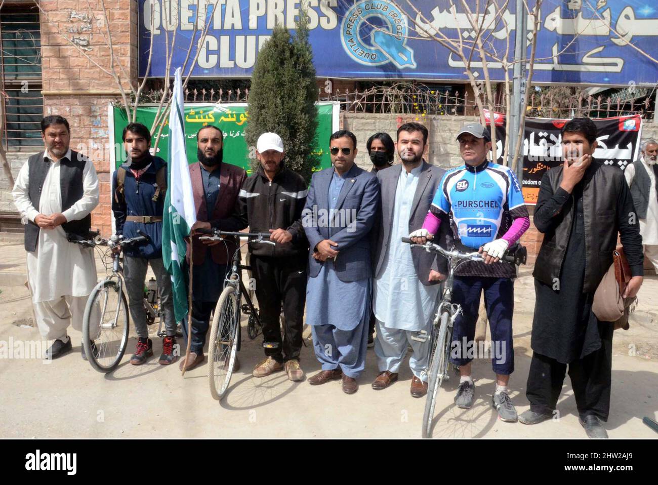 Cyclists are in a group photo before leaving to Sibi during the Peace ...