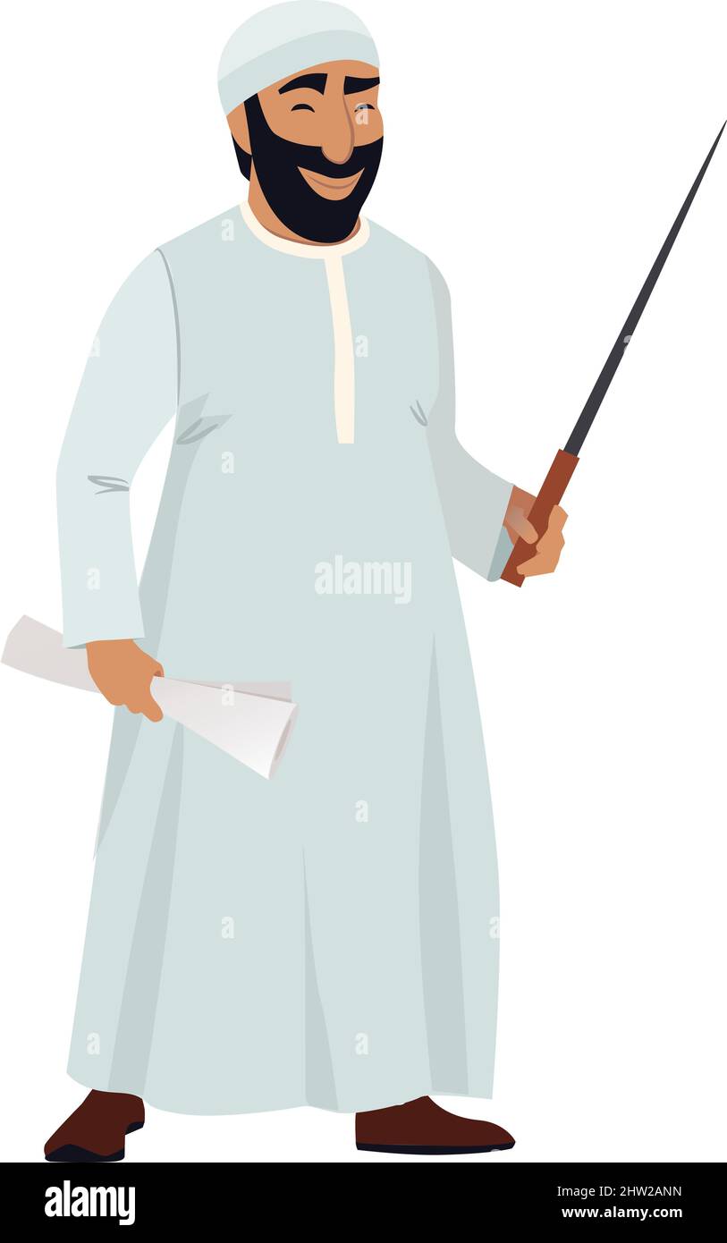 Arab man with wooden stick and paper scroll. Muslim teacher Stock ...