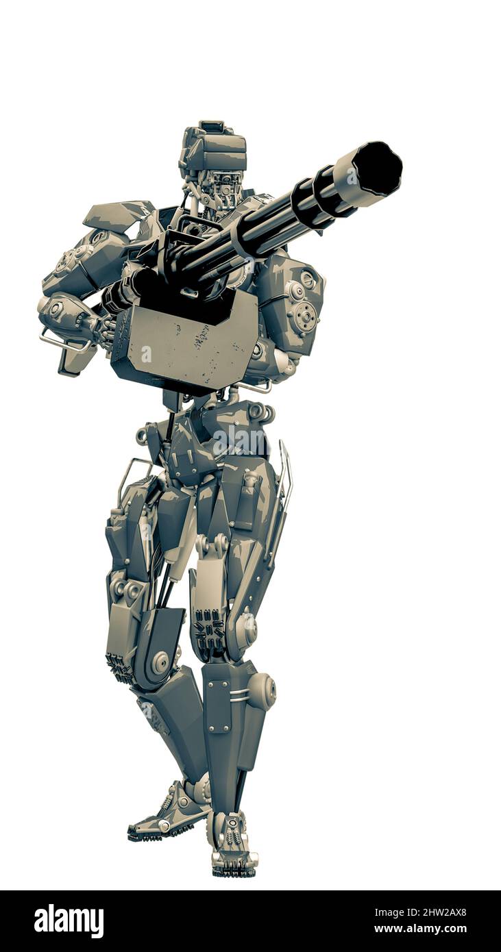 mechanical soldier holding a huge machine gun, 3d illustration Stock ...