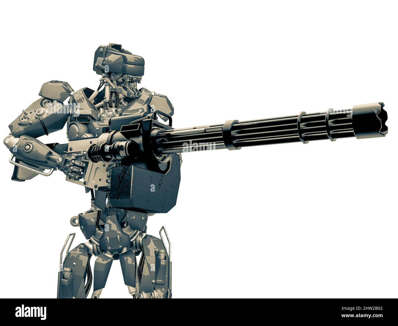 mechanical soldier holding a machine gun, 3d illustration Stock Photo ...
