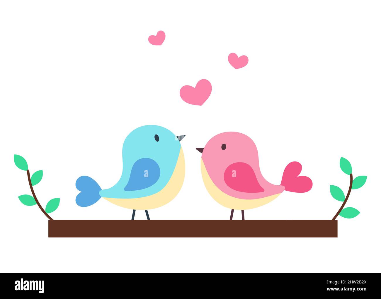 Two birds on tree branch. Cute illustration in cartoon flat style ...