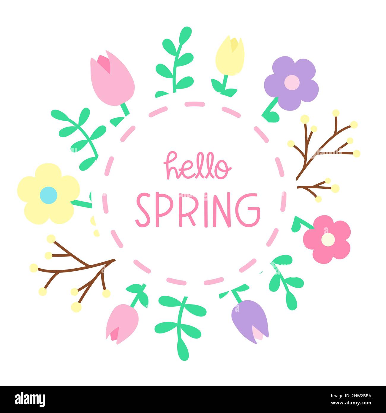 Frame with spring flowers, hello spring inscription. Floral round frame ...