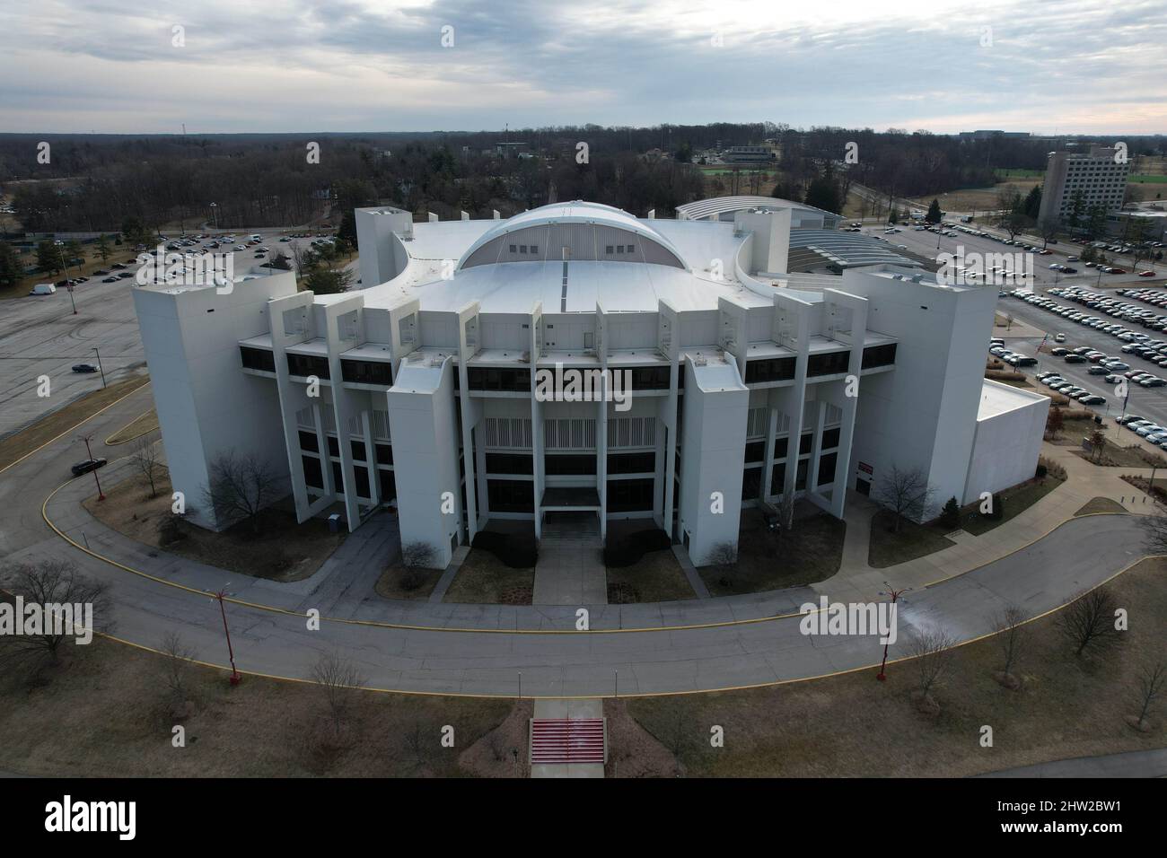 An aerial view of Simon Skjodt Assembly Hall on the campus of Indiana ...