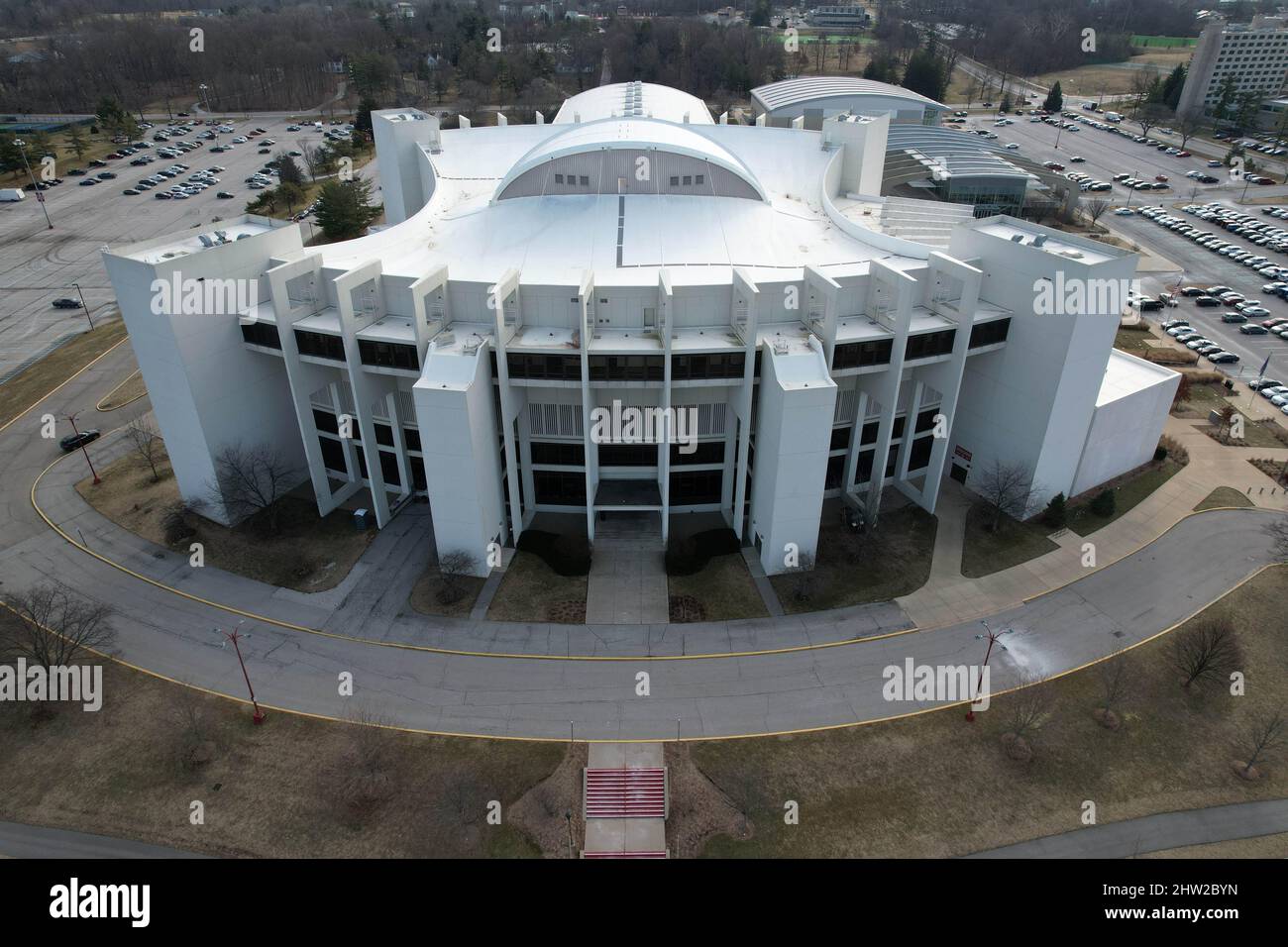 An aerial view of Simon Skjodt Assembly Hall on the campus of Indiana ...