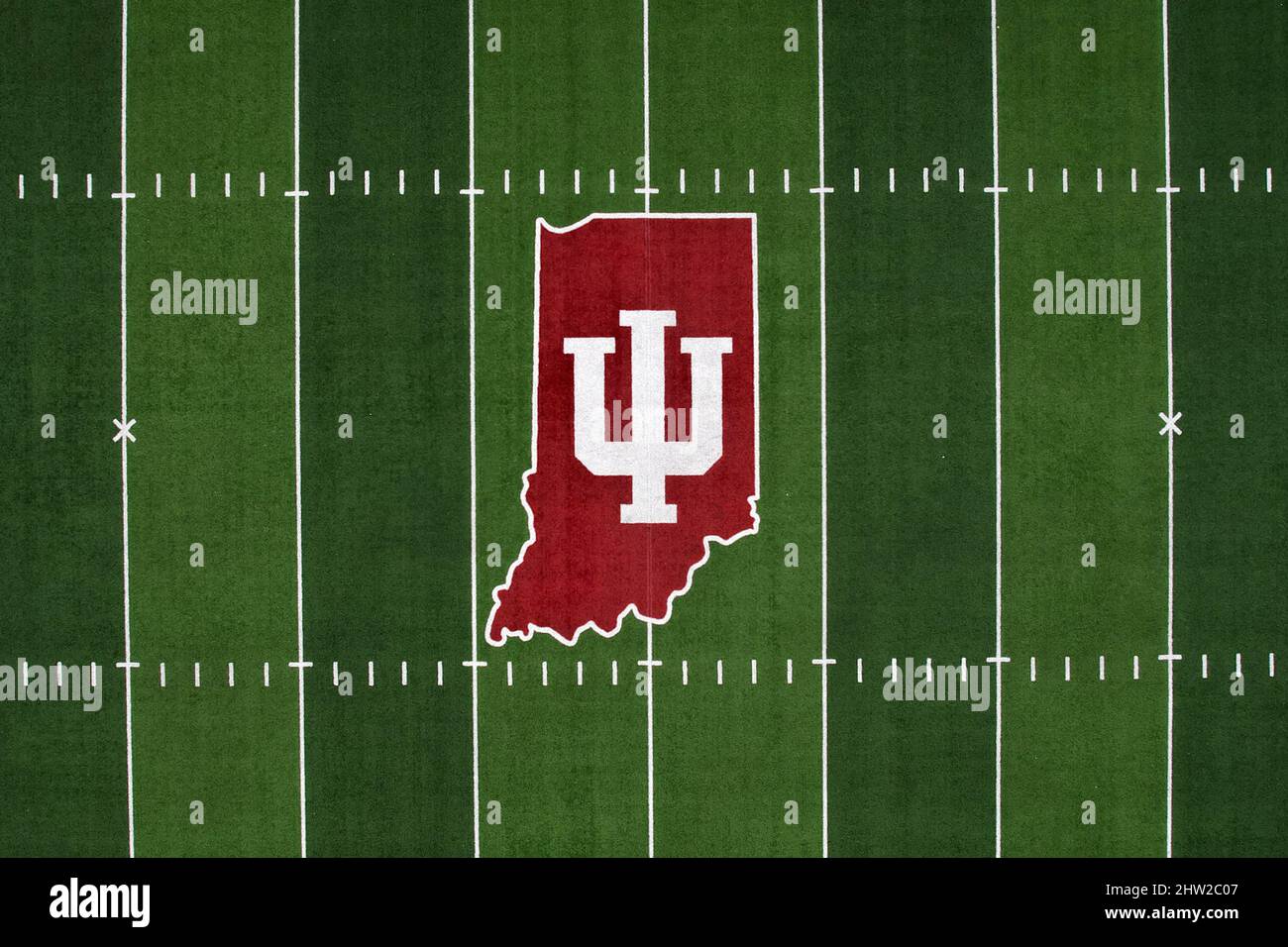 The Indiana Hoosiers logo is seen at midfield of the Memorial Stadium ...