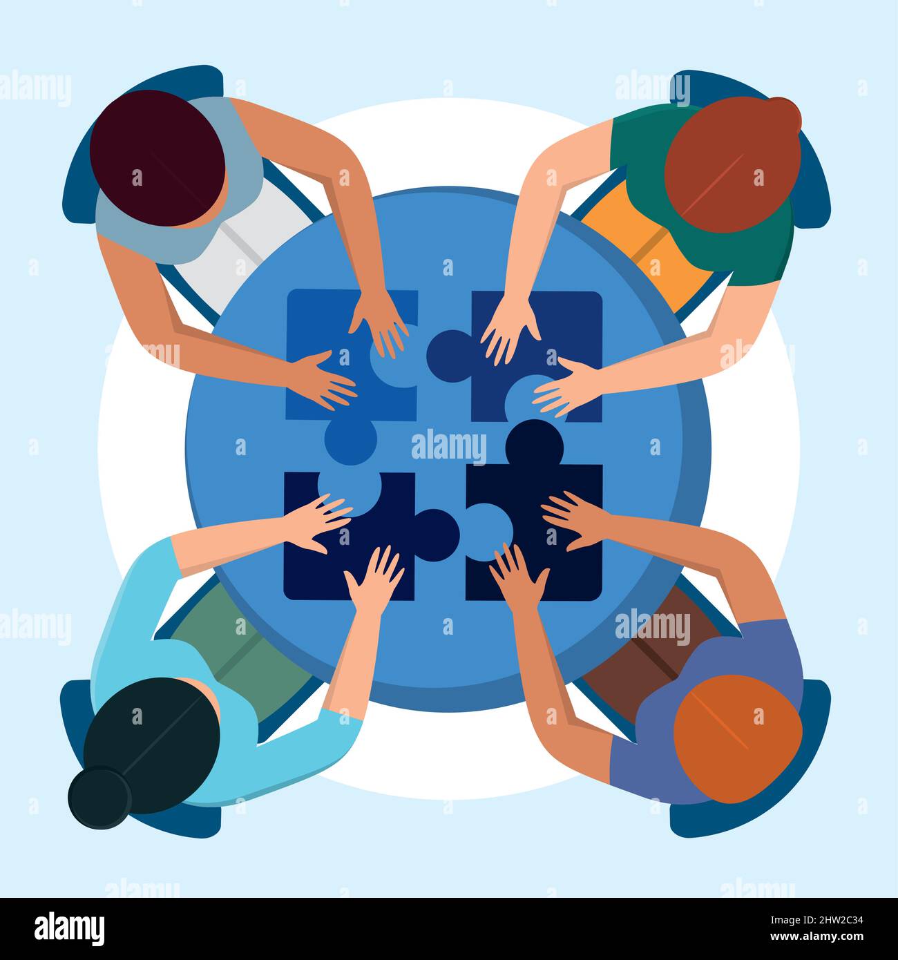 Group of people working with puzzle around a desk Teamwork concept ...