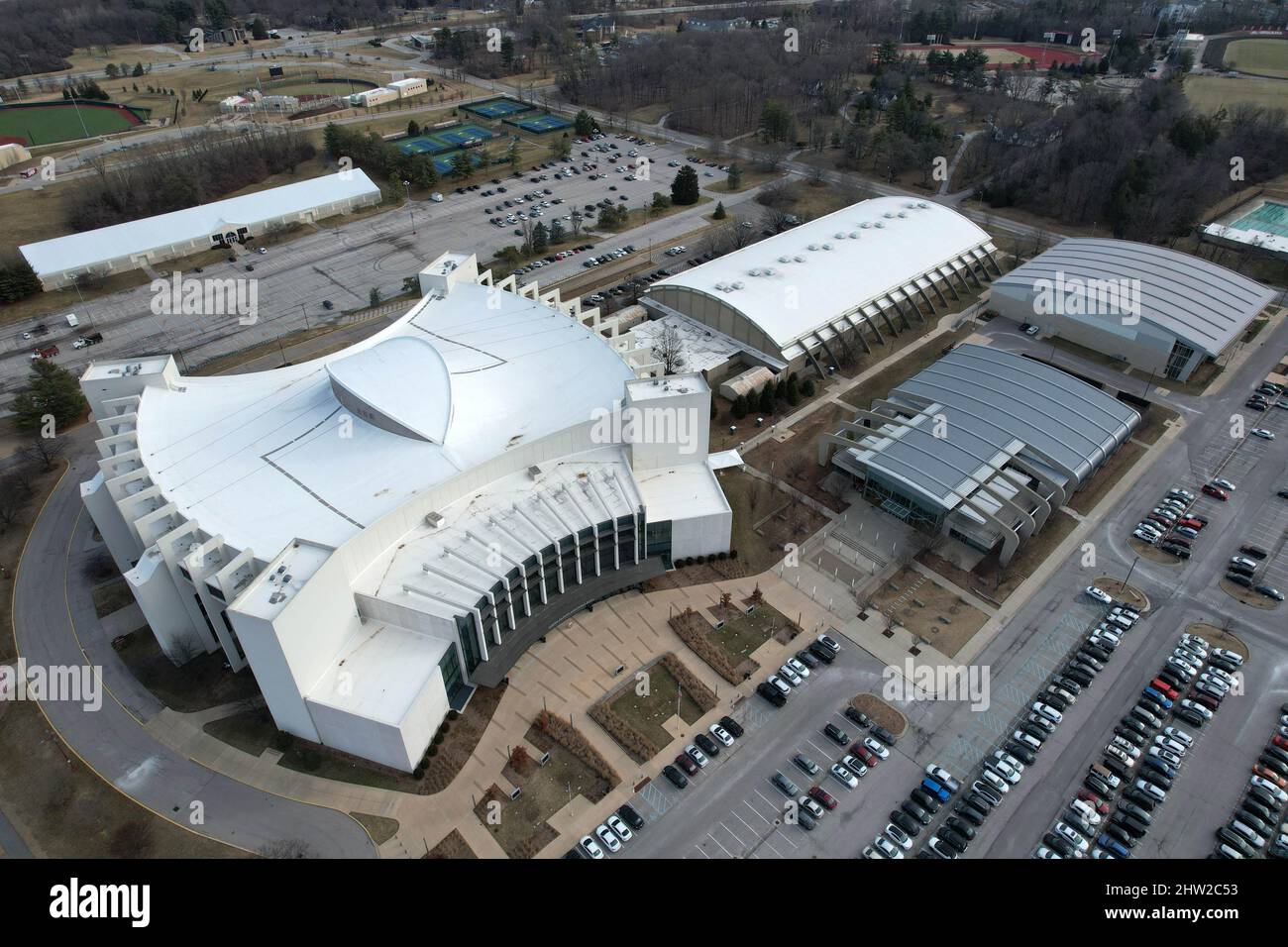 An aerial view of Simon Skjodt Assembly Hall and Cook Hall on the ...