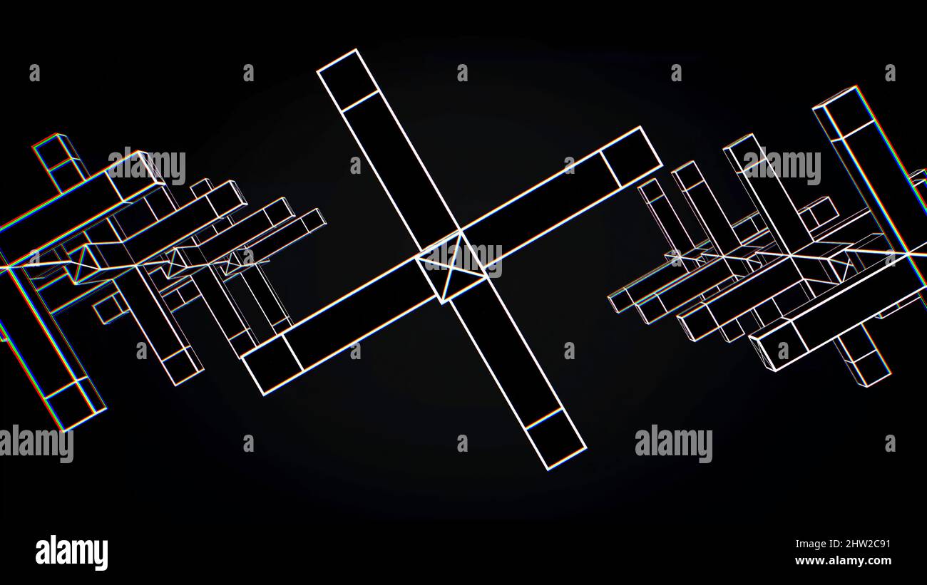 Abstract animation of movement of geometric shapes on a black ...