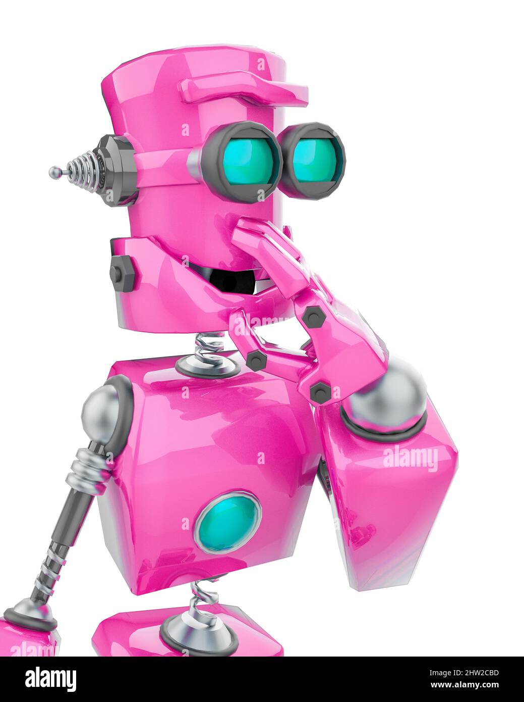 funny robot cartoon is thinking about in a white background close up ...