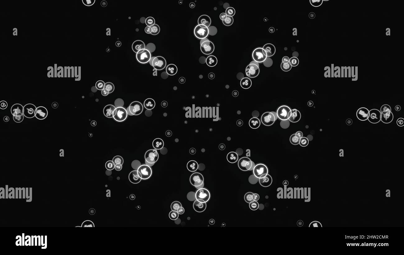 Monochrome animation of popular social network app icons rotating in ...