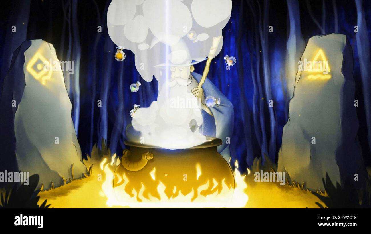 Beautiful animation of cartoon wizard preparing a potion in a cauldron ...