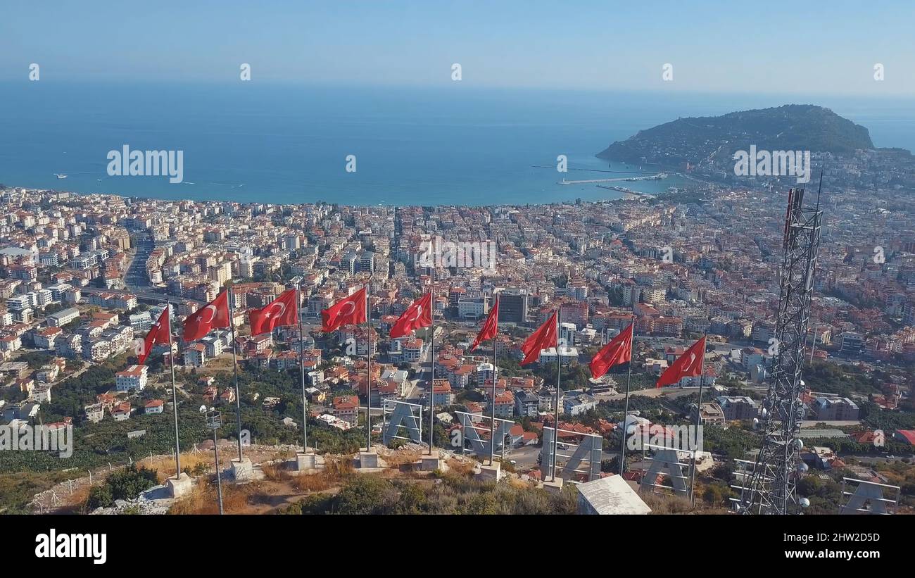 Aerial view of the inscription I love Alanya in a park in the mountains ...