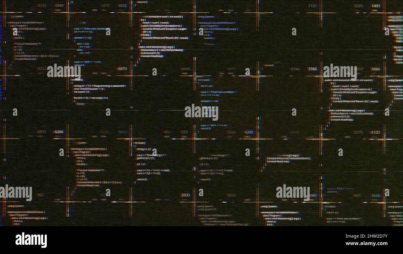Abstract Computer Script Source Code With Glitch Effect Screen Of Web Developing Hacker Code On