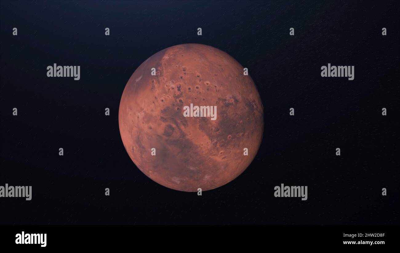 Beautiful abstraction of red Mars planet rotating on black background ...