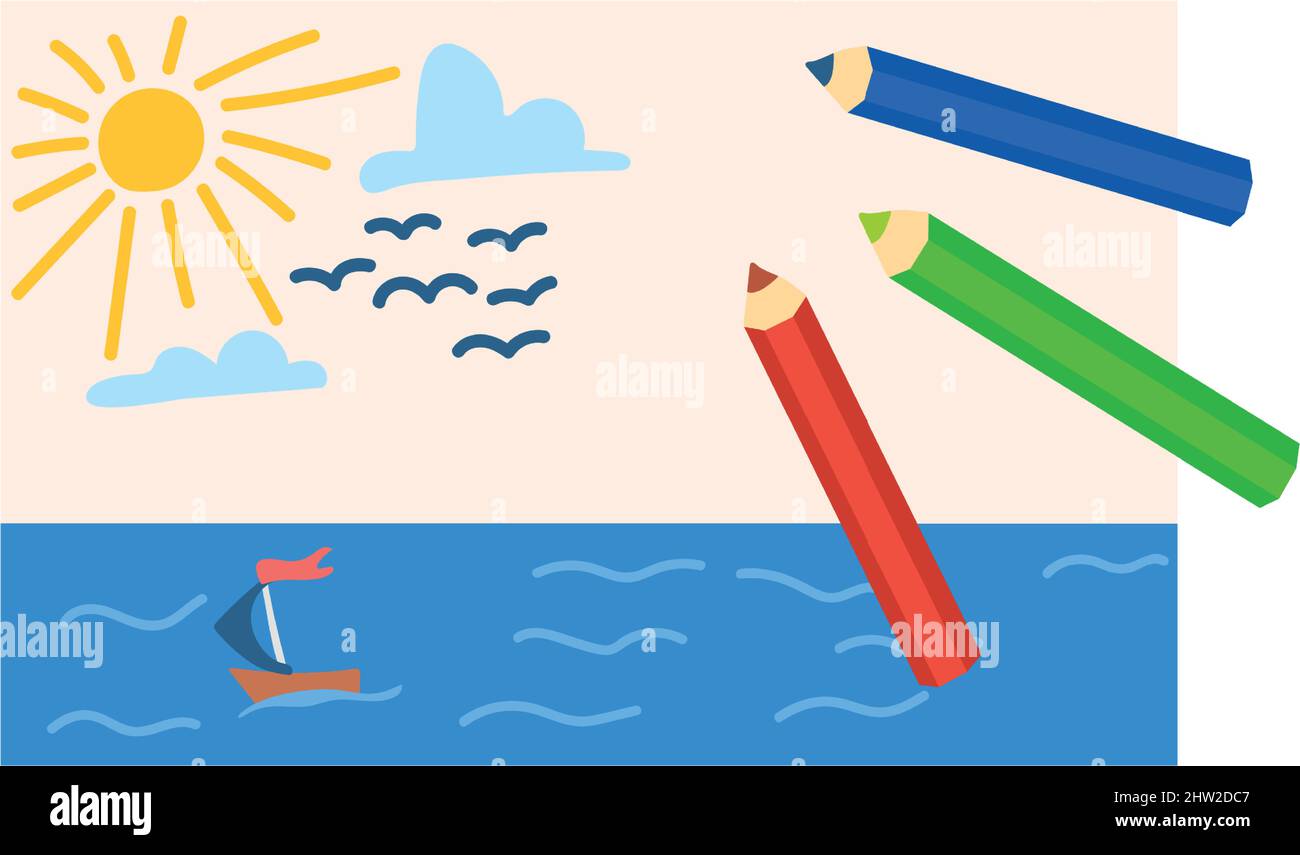 Child drawing sea landscape with color crayons. Creative kid picture ...