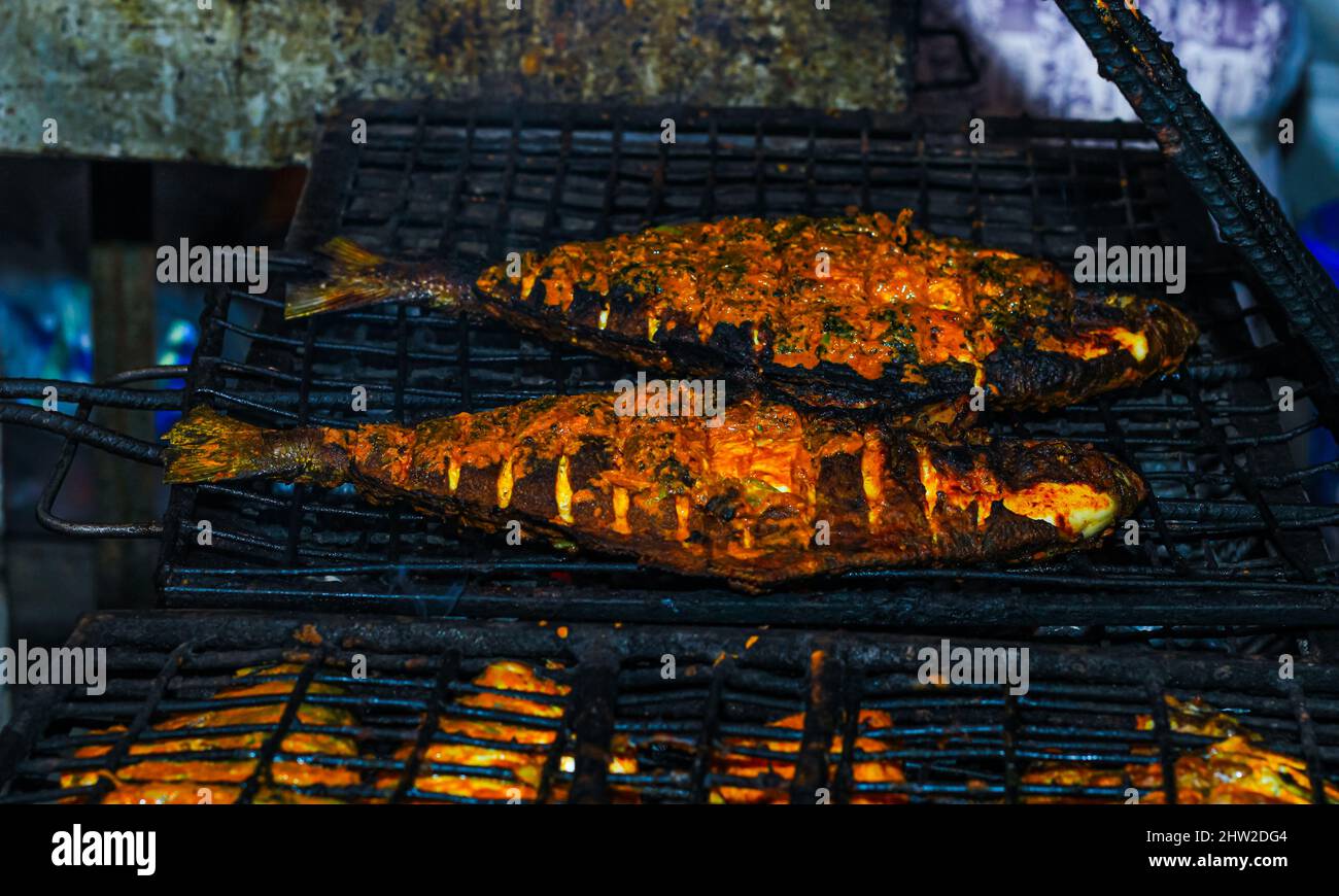 Fish on the grill, Close up of seafood grilled fish food with salt on ...