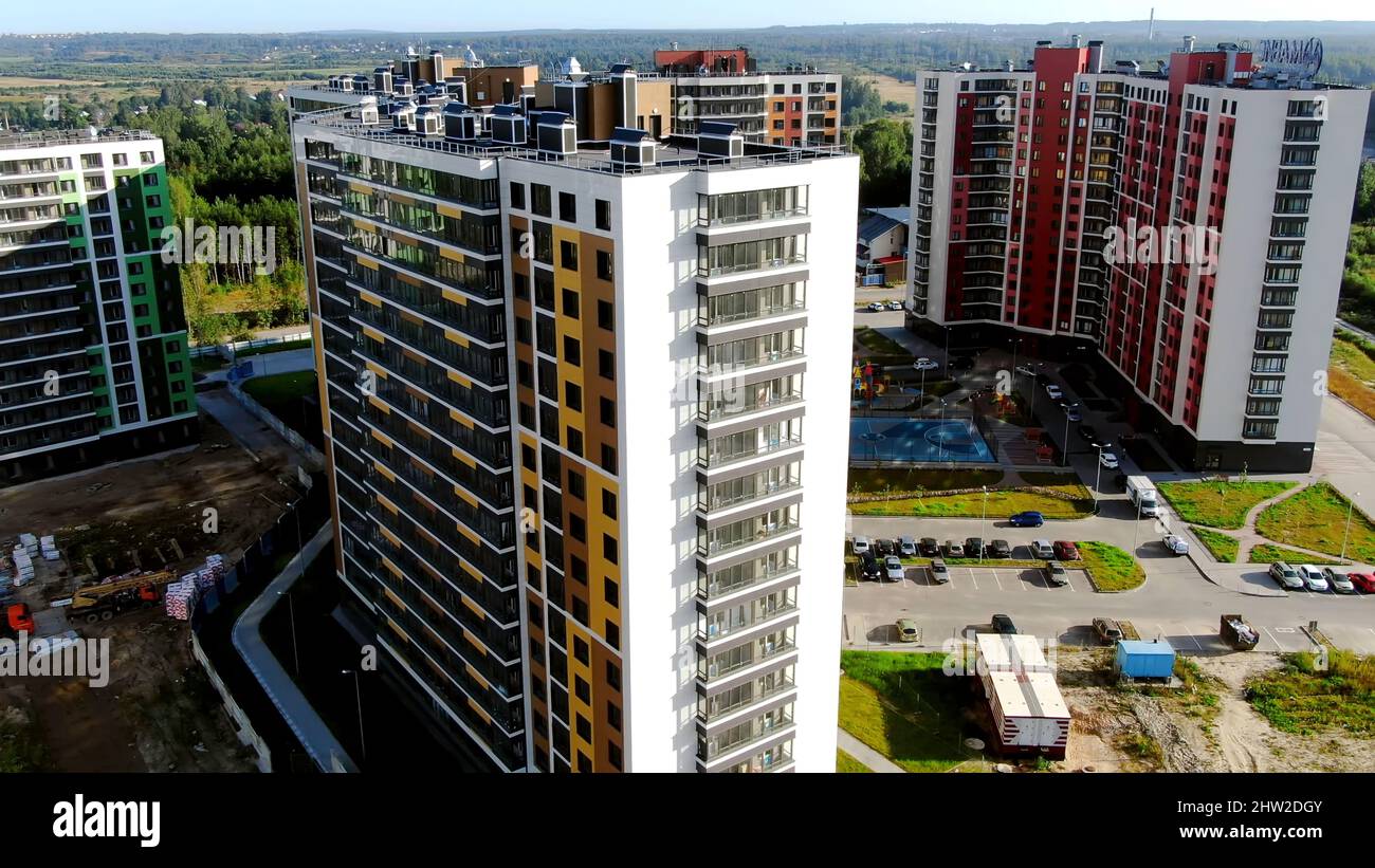 Top view of the building residential complex. Motion. New high rise ...